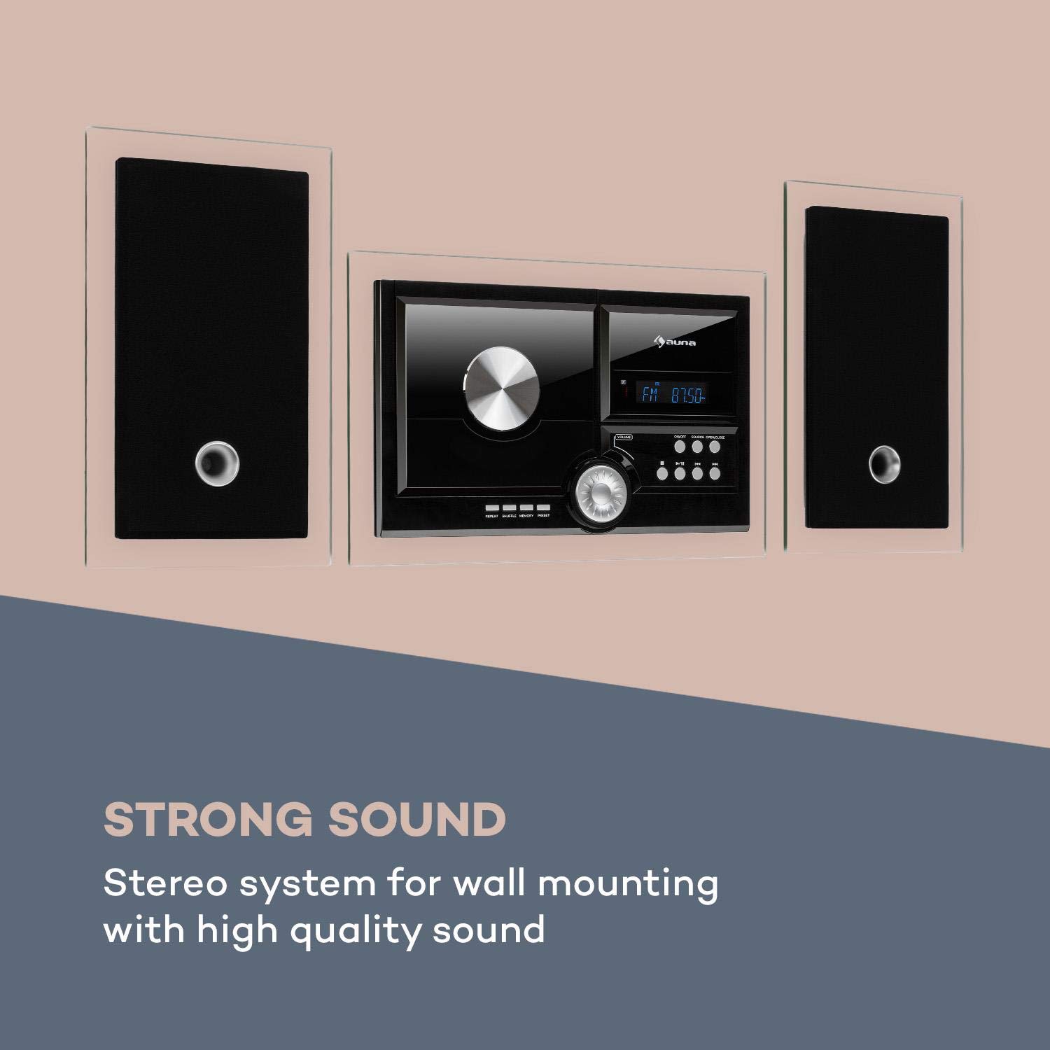 AUNA Stereosonic Microsystem, Shelf Stereo System, Micro System, 2 Stereo Speakers, Front-Loading CD Player, FM Tuner, Bluetooth, Wireless Connection, USB Port, Incl. Remote Control, Black
