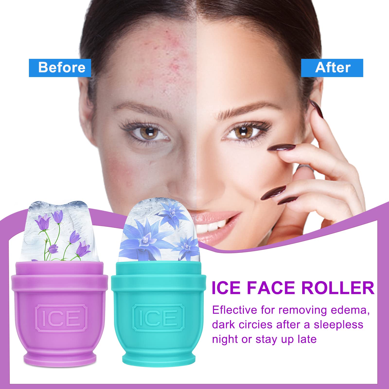 BFAHE 2 PCS Ice Rollers for Face, Reusable Facial Massage Tool for Puffiness Brighten and Tighten, Cold Therapy Ice Cup Molds for Skin Care and Pain Relieving