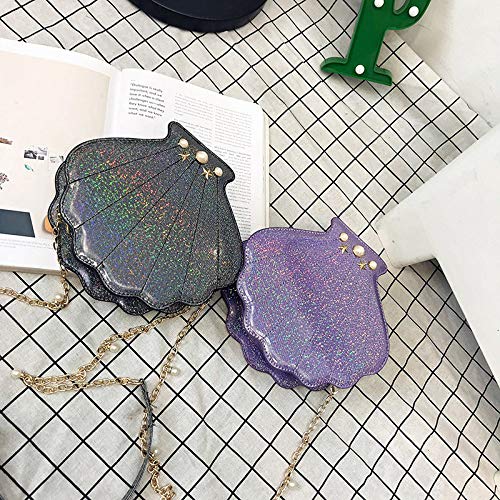 Hologram Laser Shell Shoulder Bags Pearl Cross-body Chain Purse Bags for Womens(Purple)