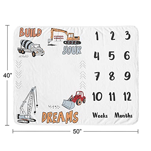Sweet Jojo Designs Construction Truck Boy Milestone Blanket Monthly Newborn First Year Growth Mat Baby Shower Memory Keepsake Gift Picture - Grey Yellow Orange Red Blue Transportation Chevron Arrow