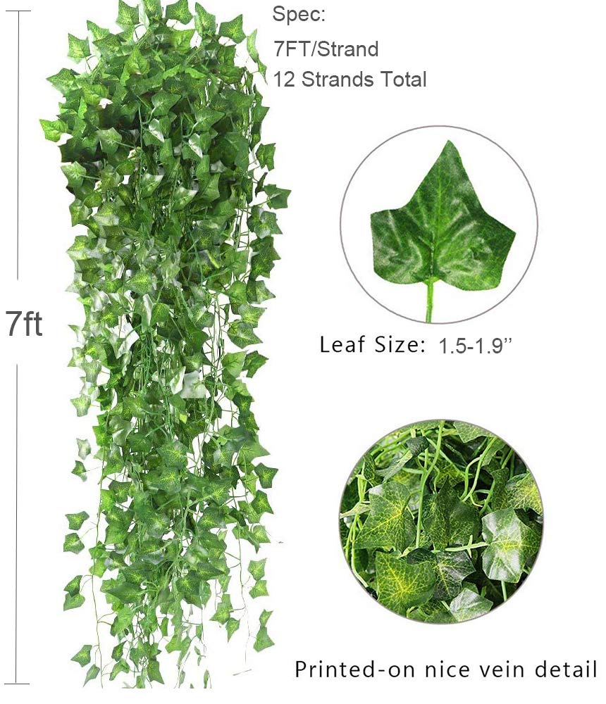 Giftown 12 Strands 84Ft Artificial Ivy Garland Fake Leaf Plants Hanging Vine UV Resistant Green Leaves for Home Kitchen Garden Office Wedding Wall Décor