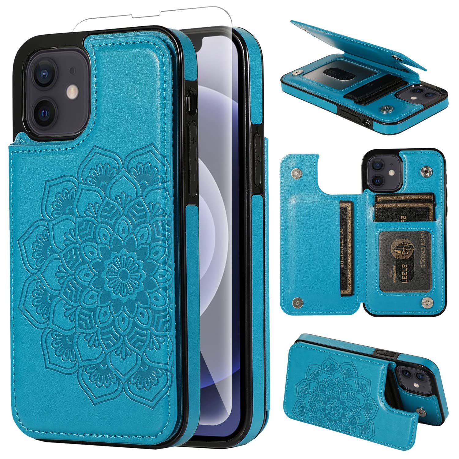 Anyisposs Compatible with iPhone 12 Pro iPhone 12 Wallet Case 6.1 Tempered Glass Screen Protector Card Holder Slots Kickstand Cover Flip Leather Phone Cases for iPhone12pro 5G 12s iPhone12 12pro Blue