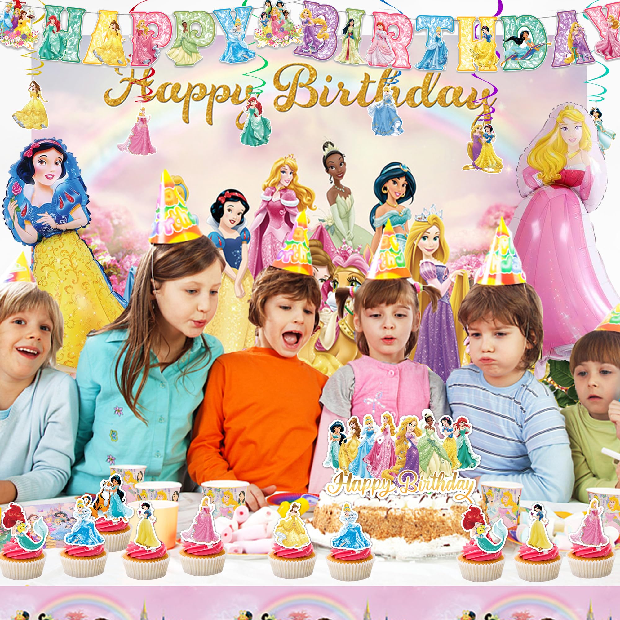 BOSMAT Princess Birthday Decorations, Princess Party Supplies Includes Balloons, Happy Birthday Banner, Cake&Cupcake Topper, Plates, Napkins, Cup, Tablecloth , Foil Balloon and Backdrop