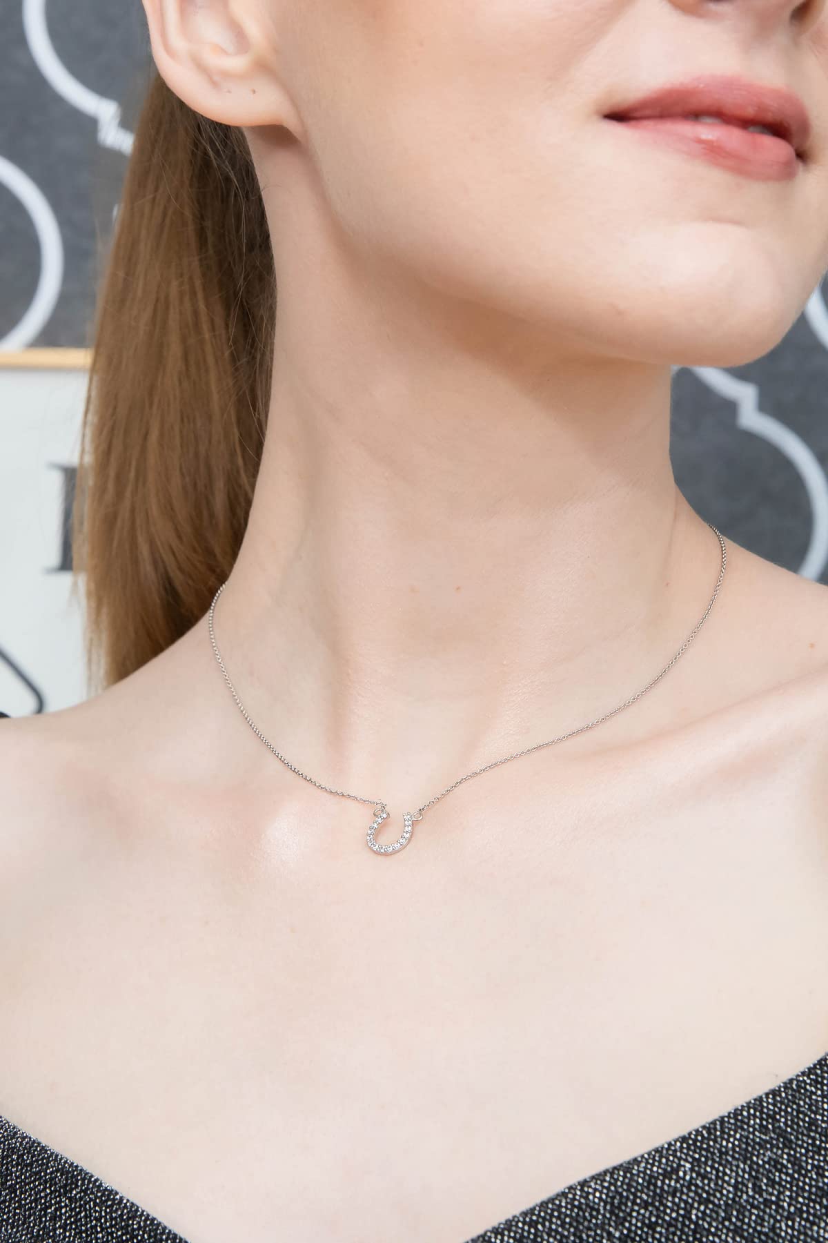 B. BRILLIANT Sterling Silver Necklace for Women Cubic Zirconia Horseshoe Necklaces for Stacking Holiday Birthday
