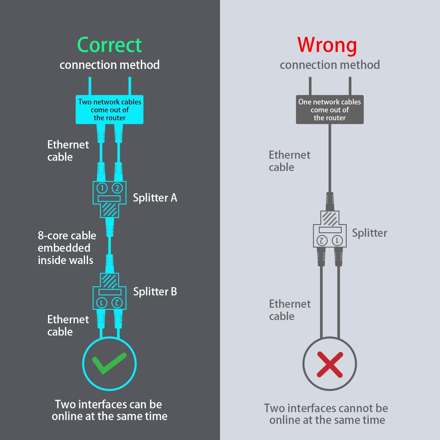 Poyiccot RJ45 Splitter Adapter, Ethernet Splitter 1 to 2 Network Adapter CAT 5/CAT 6 LAN Splitter Ethernet Socket Connector Adapter 1 Pair
