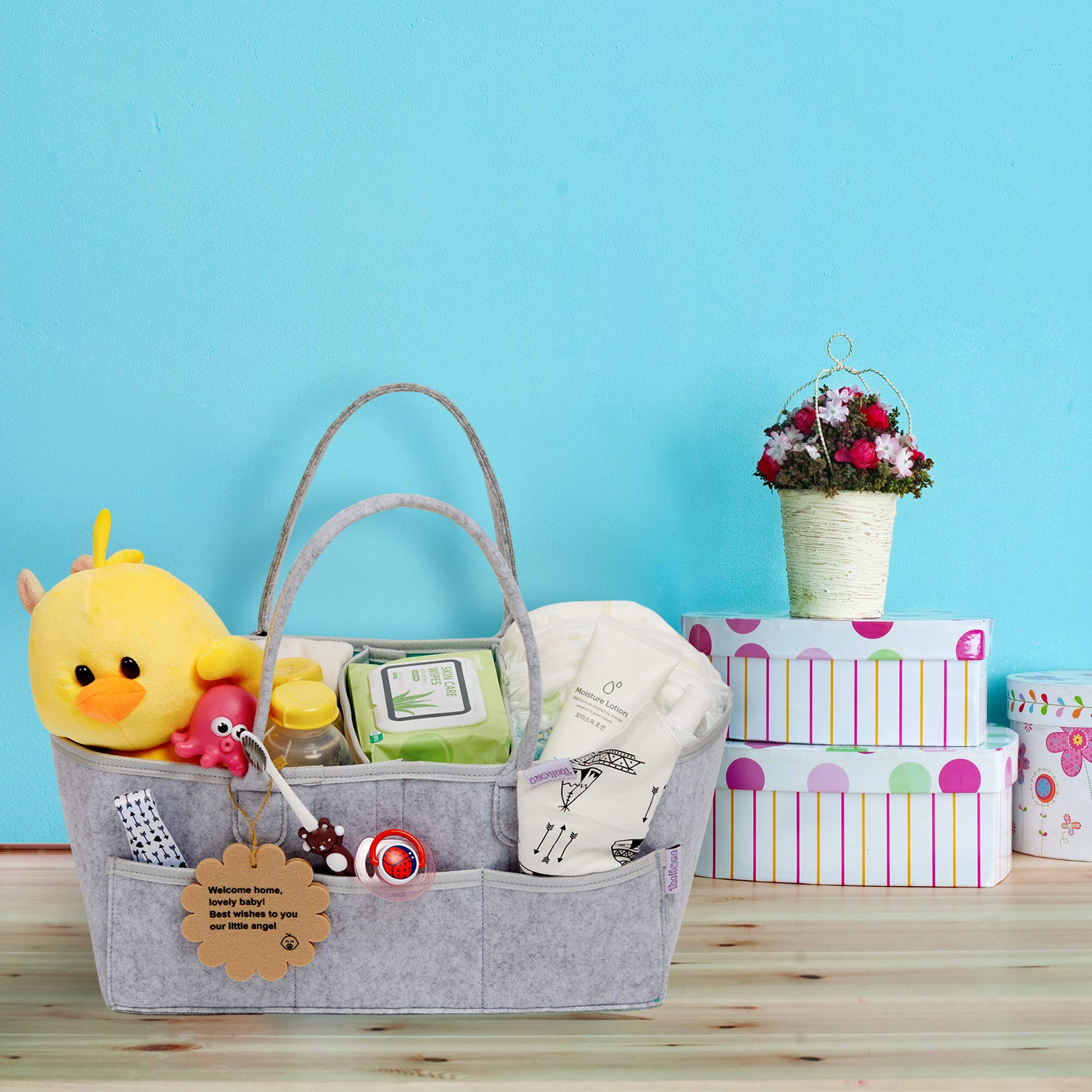 Baby Diaper Caddy Organizer - Shower Registry Gift Basket with Pacifier Clips, Bibs for Newborn - Caddy Nursery with Waterproof Liner Easy to Clean Perfect for Changing Table and Car - Grey Nappy Bag