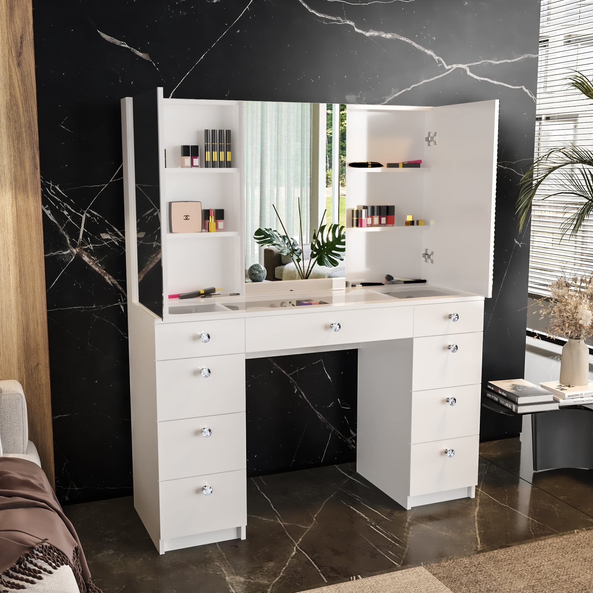 Boahaus Lily White Makeup Vanity Desk with Mirror Cabinets, Glass Top, 9 Drawers, and Crystal Ball Knobs - Modern Makeup Desk - Big Vanity - Large