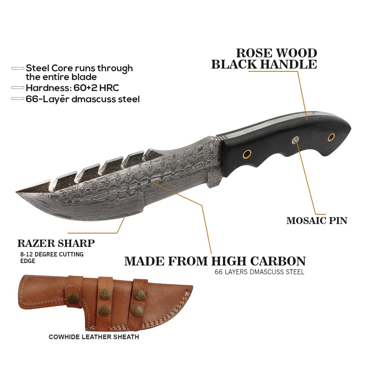 BBX Hand Made Damascus Hunting Knife with Leather Sheath Bush Craft Knife Survival Knife 10 Inches fixed Blade with ASH Wood Handle (Tracker Knife, 10 Inches)