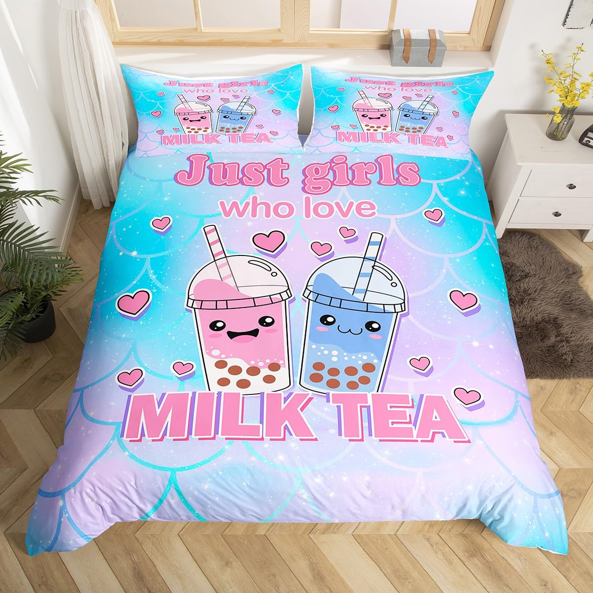 Cute Milk Tea Duvet Cover Twin Size,Purple Blue Ombre Fishscale Bedding Set 2pcs for Kids Teens,Cartoon Love Heart Comforter Cover Soft Quilt Cover Bedroom Decor Bedspread