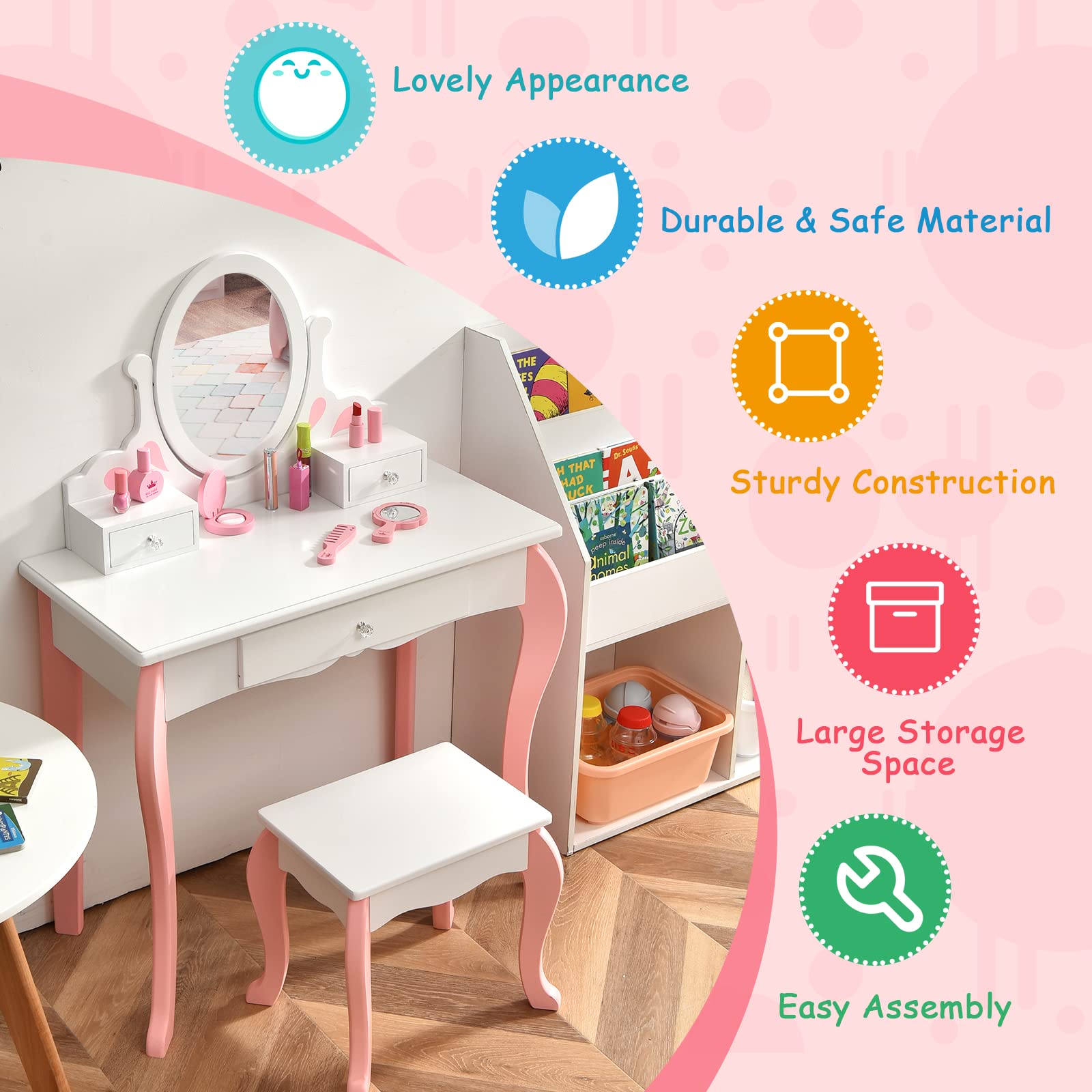 Costzon Kids Vanity Set with Mirror, 2 in 1 Princess Makeup Dressing Table w/Detachable Top, Toddler Vanity with 360° Rotating Mirror, Drawers & Stool, Pretend Play Vanity Set for Little Girls, White