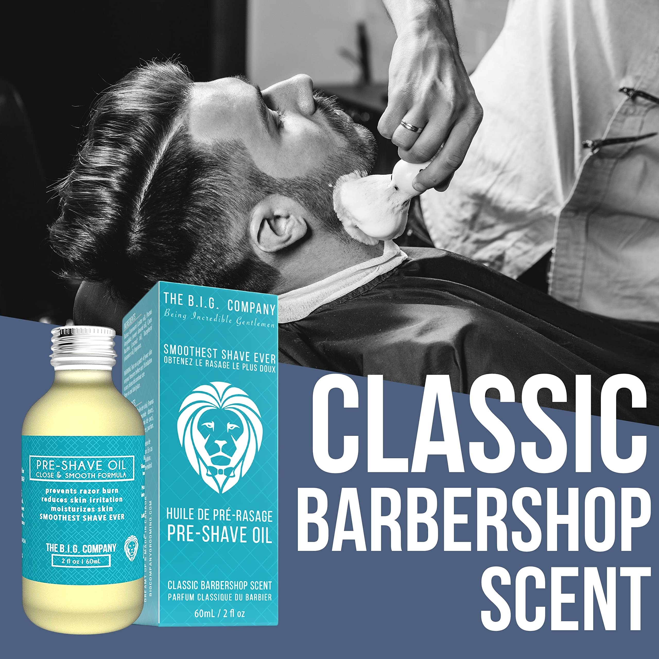 Pre Shave Oil for Men - Shaving Oil Made with Natural Oils - Good for Close Shave and Smooth Shave - Suitable for Sensitive Skin - Use on Face or Head - Classic Barbershop Scent - 60ml