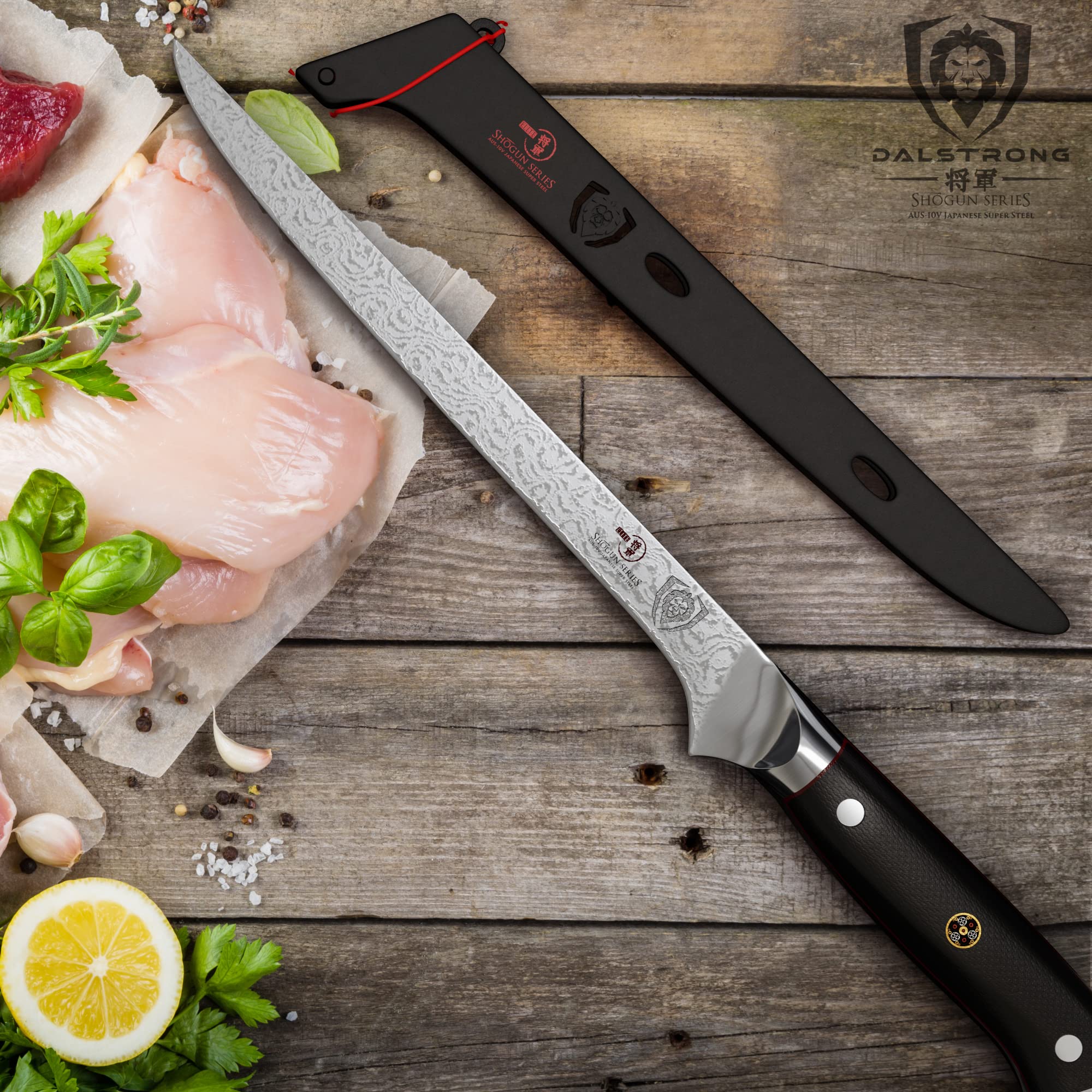 DALSTRONG Boning Knife - 8 inch - Shogun Series ELITE - Damascus AUS-10V Japanese Super Steel - Fillet Knife Gift - Meat Cutting, Carving, Bone, Trimming, Deboning - Black G10 Handle - Sheath Included
