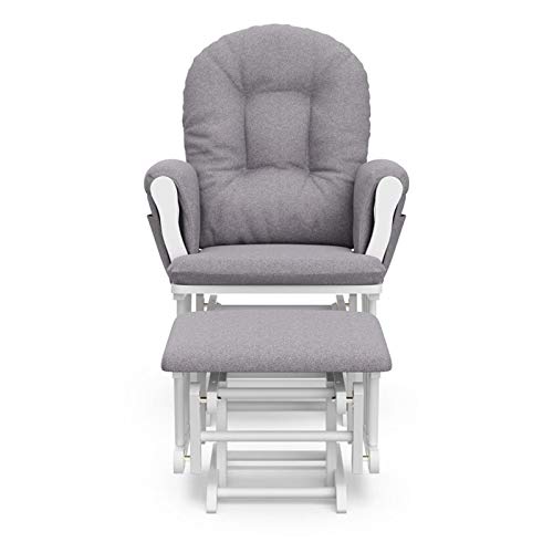 Pemberly Row Custom White Slate Hoop Glider and Ottoman Set in Gray Swirl - Smooth Gliding Chair for Nursery, Padded Arm Cushions with Storage Pocket