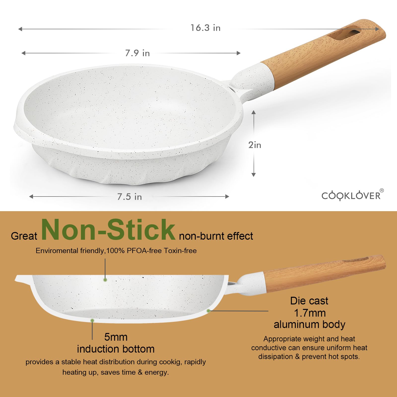 COOKLOVER Nonstick Frying Pan 100% PFOA Free Cookware Induction Skillet Stir Fry Pan (White, 7.9 inch)