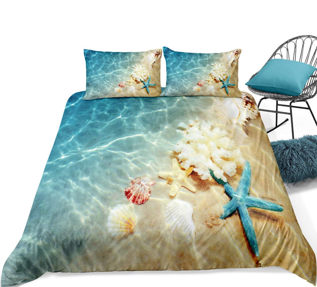 Bedbay Beach Queen Duvet Cover Set,Coastal Bedding Set Queen,Teen Girls Boys Starfish Beach Decor 3 Pieces Microfiber Quilt Cover,Beach Themed Bedding Set for Summer (Turquoise,Queen)