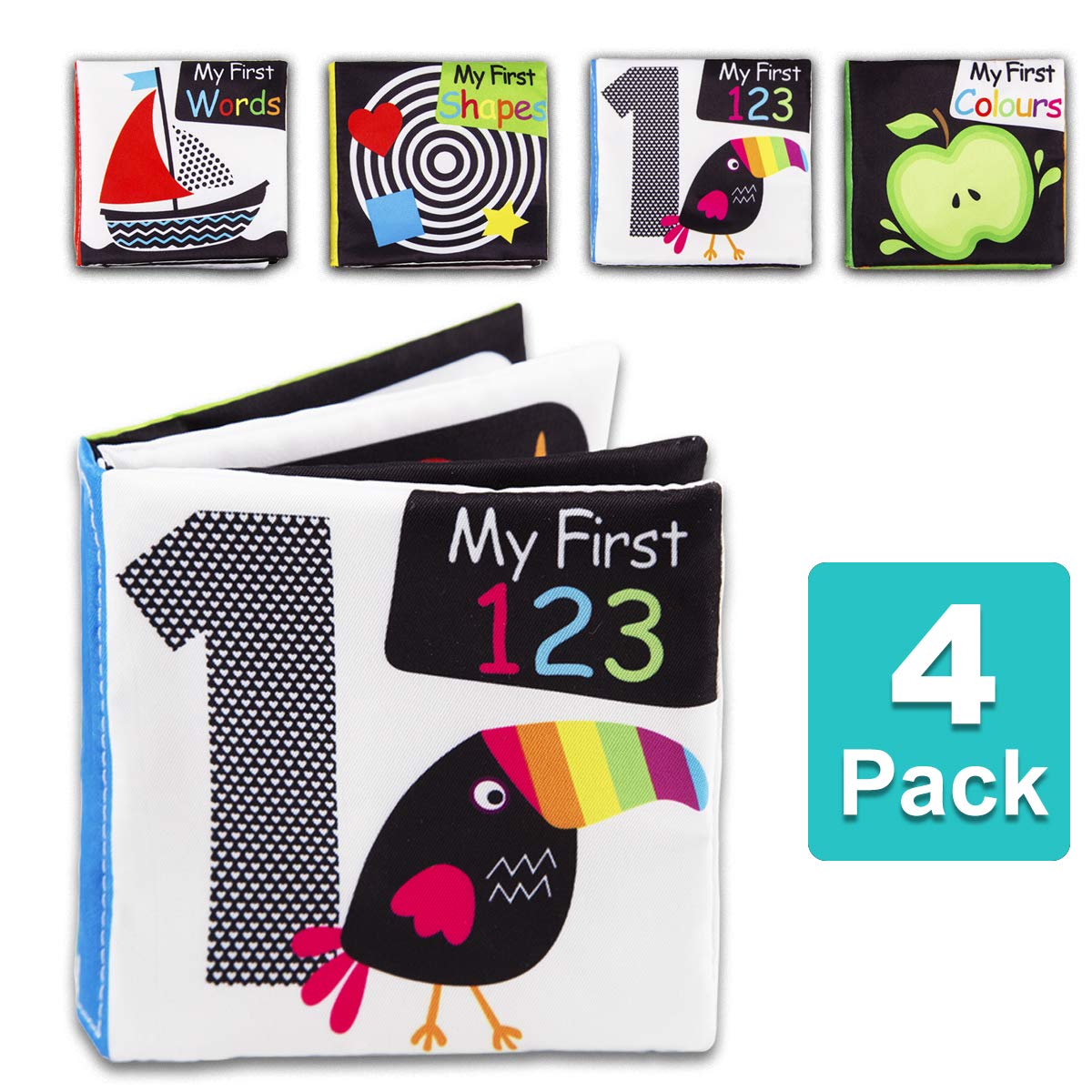 Baby First Soft Activity Cloth Book Set, High Contrast Black and White Interactive Crinkle Soft Book Bundle for Infant, Baby Early Education for Brain Development with Numbers, Words, Shapes, Colors
