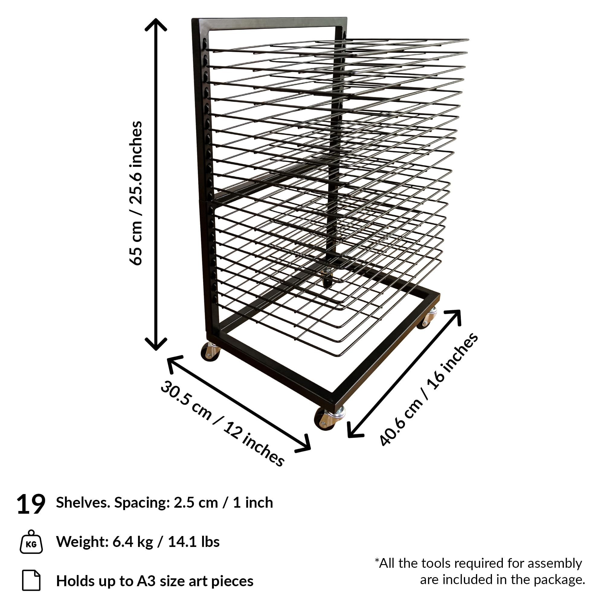 ODOXIA Art Drying Rack for Classroom | Functional & Mobile Paint Drying Rack | 19 Removable Shelves | Canvas Rack Art Storage | Painting Drying Rack with Wheels | Stack Rack for Painting, and More
