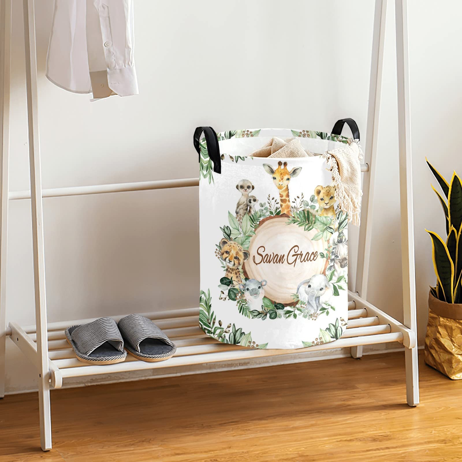 Safari Wild Animal Leaves Jungle Personalized Laundry Basket Clothes Hamper with Handles Waterproof,Custom Collapsible Laundry Storage Baskets for Bedroom,Bathroom Decorative Large Capacity
