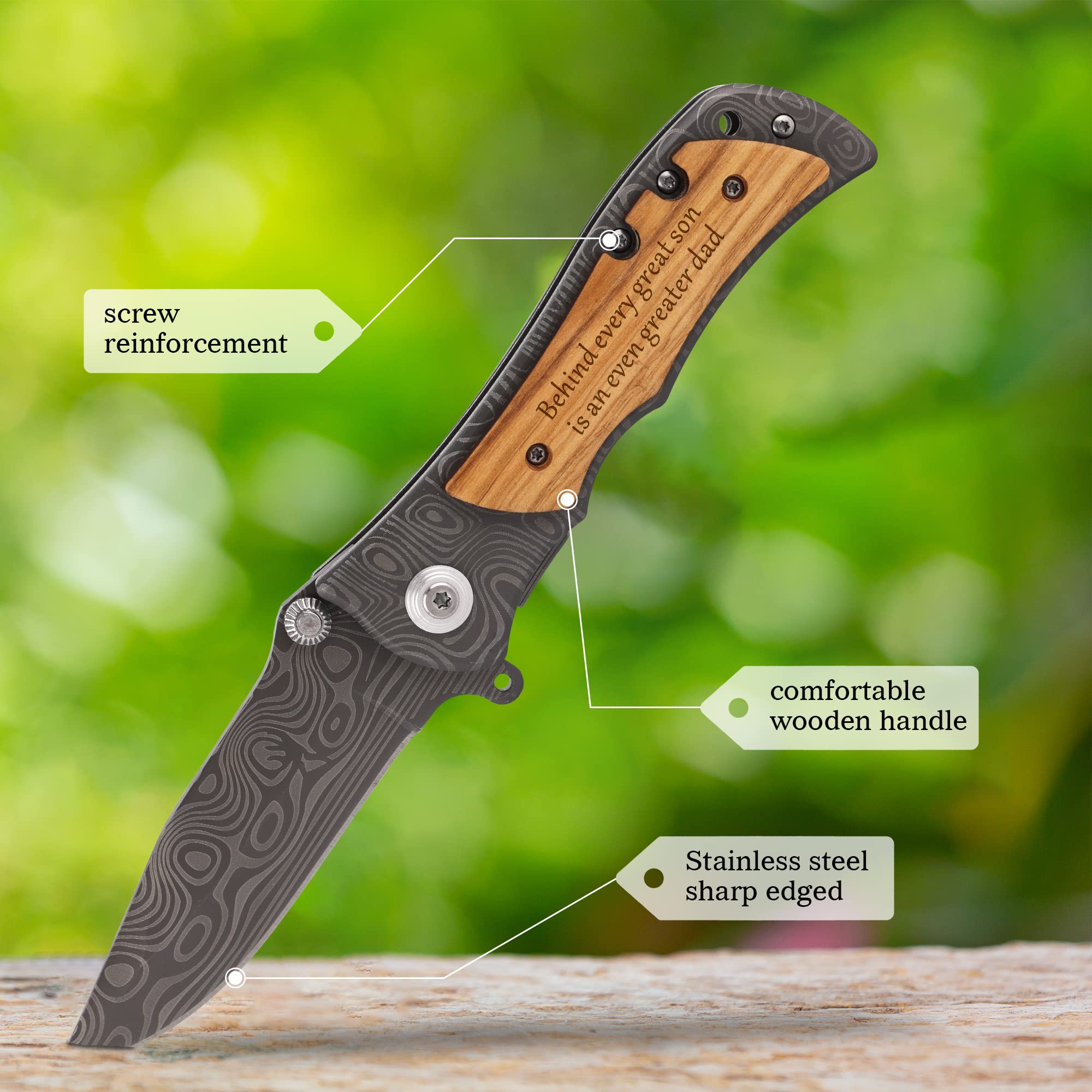 ZENNLAB Moblade EngravedWooden Pocket Knife with Clip for Dad, Gift for Dad from Son for Birthday, Christmas, Father's Day Gift, Dad Wedding Gift Ideas