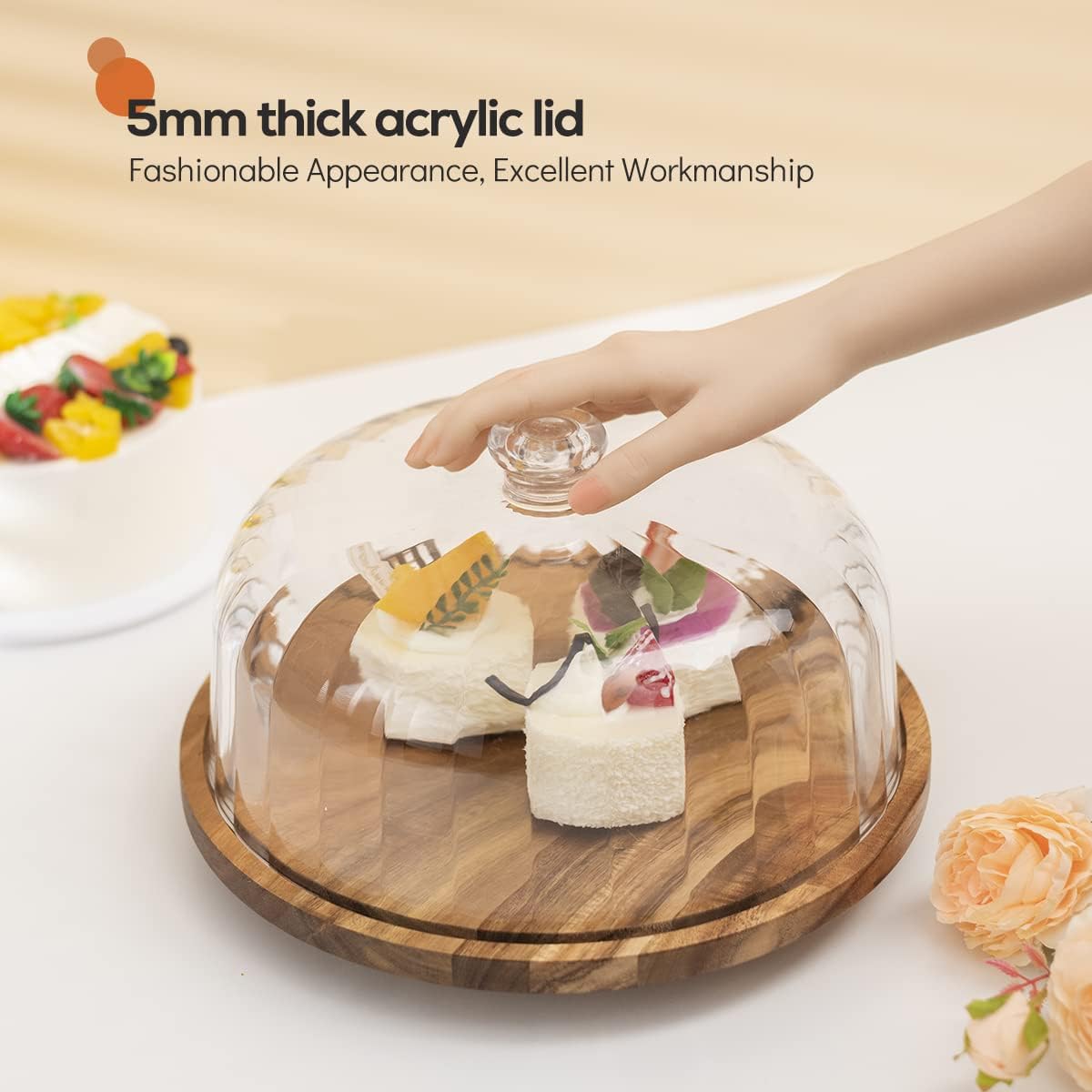 Cutesun Wood Cake Stand with Lid, 11.8'' Rotating Cake Stand with Dome, Shaterproof 10.4'' Acrylic Cake Display Cover, Cake Holder Tray for Wedding Gift,Kitchen,Birthday,Parties,Baking Gifts