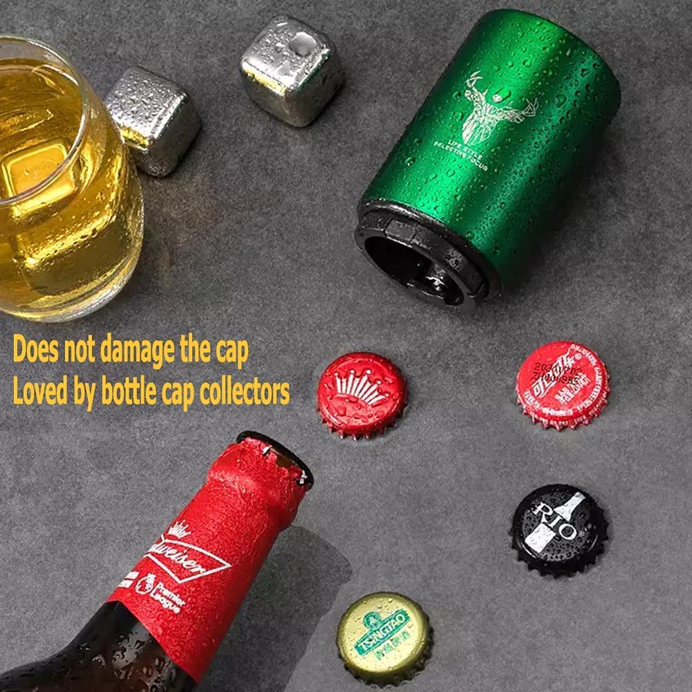 Beer Automatic Bottle Opener, Magnetic Lid Catcher for Bartender Tool Fun, Lid Opener, Pushed Down Beer Opener, Spring-Loaded Bottle Openers Beer Opener (Green-2 Pcs)