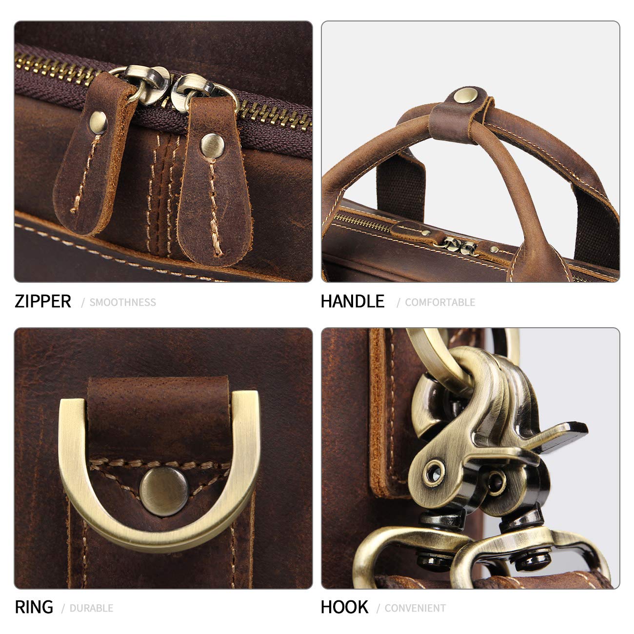 Augus Leather Messenger Bag for Men Vintage Travel Backpack 15.6 inch laptop Briefcase Shoulder Bags With YKK Metal Zipper