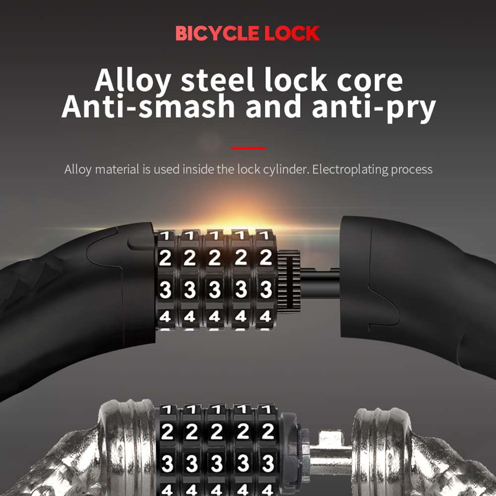 AZPINGPAN Anti-Theft Code Bike Lock Cable, High Security 5 Digit Resettable Combination Coiling Bike Cable Locks, Bicycle Cable Lock for Bicycle Outdoors, Bicycle Accessory