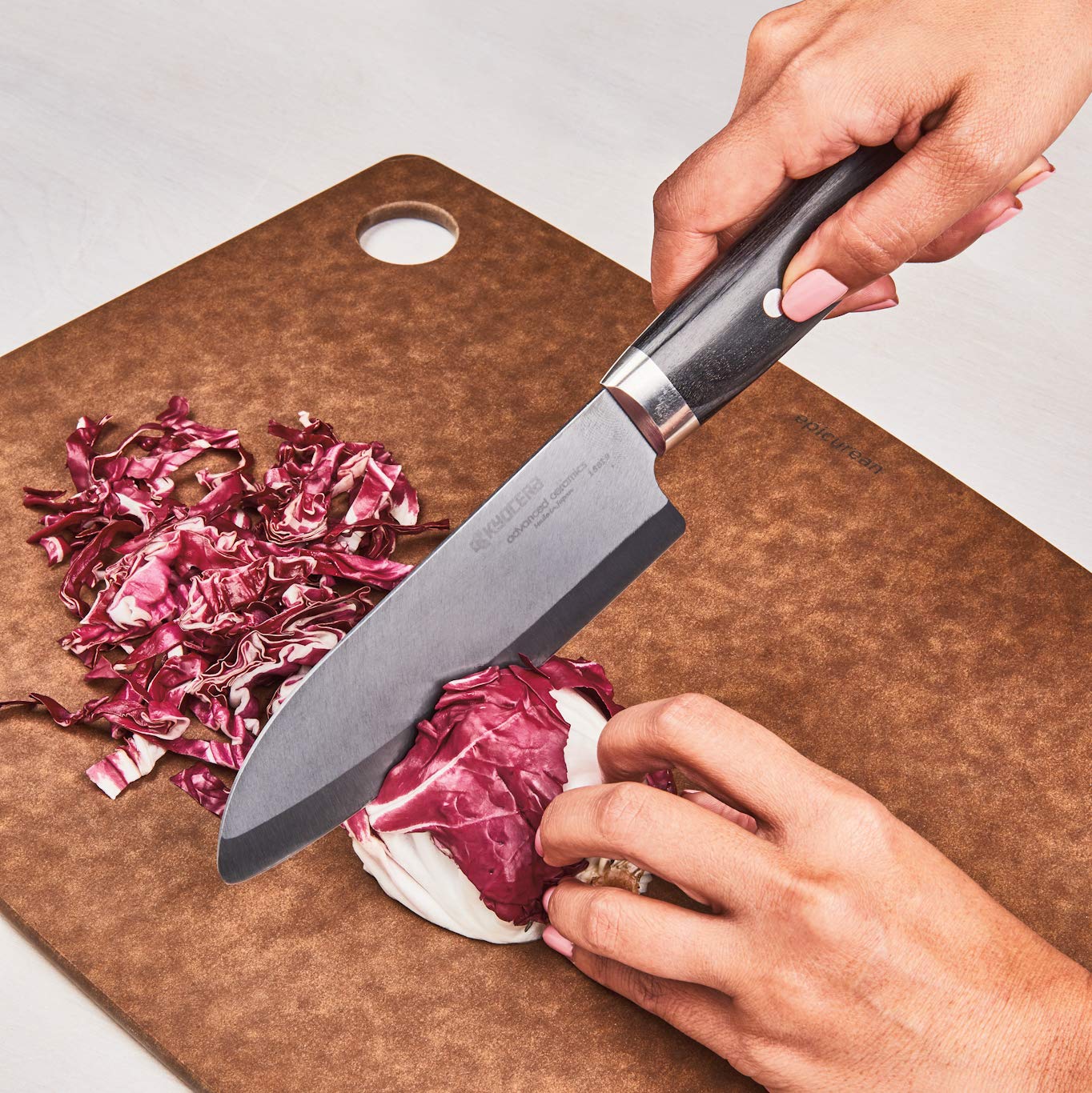 Kyocera Advanced Ceramic LTD Series Santoku Knife with Handcrafted Pakka Wood Handle, 5.5-Inch, Black Blade