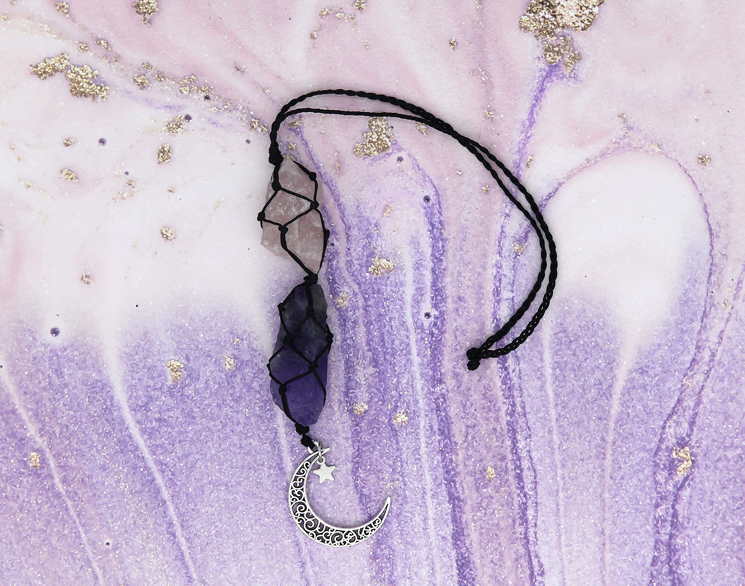 BOHO GARDEN Hanging Car Charm - Rose Quartz, Amethyst - Dangling Moon, Healing Crystal Accessories, Rearview Mirror Decorations - Love, Connection, Self-Worth, Balance, Intuition, Spirituality, Energy
