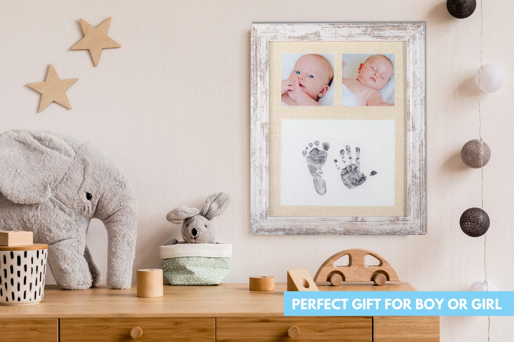Baby Footprint & Handprint Photo Frame Kit, Includes Ink Pads 3 : Pink + Blue + Black, Perfect for Boy & Girl, Newborn Keepsake Frame, Foot & Hand Impression