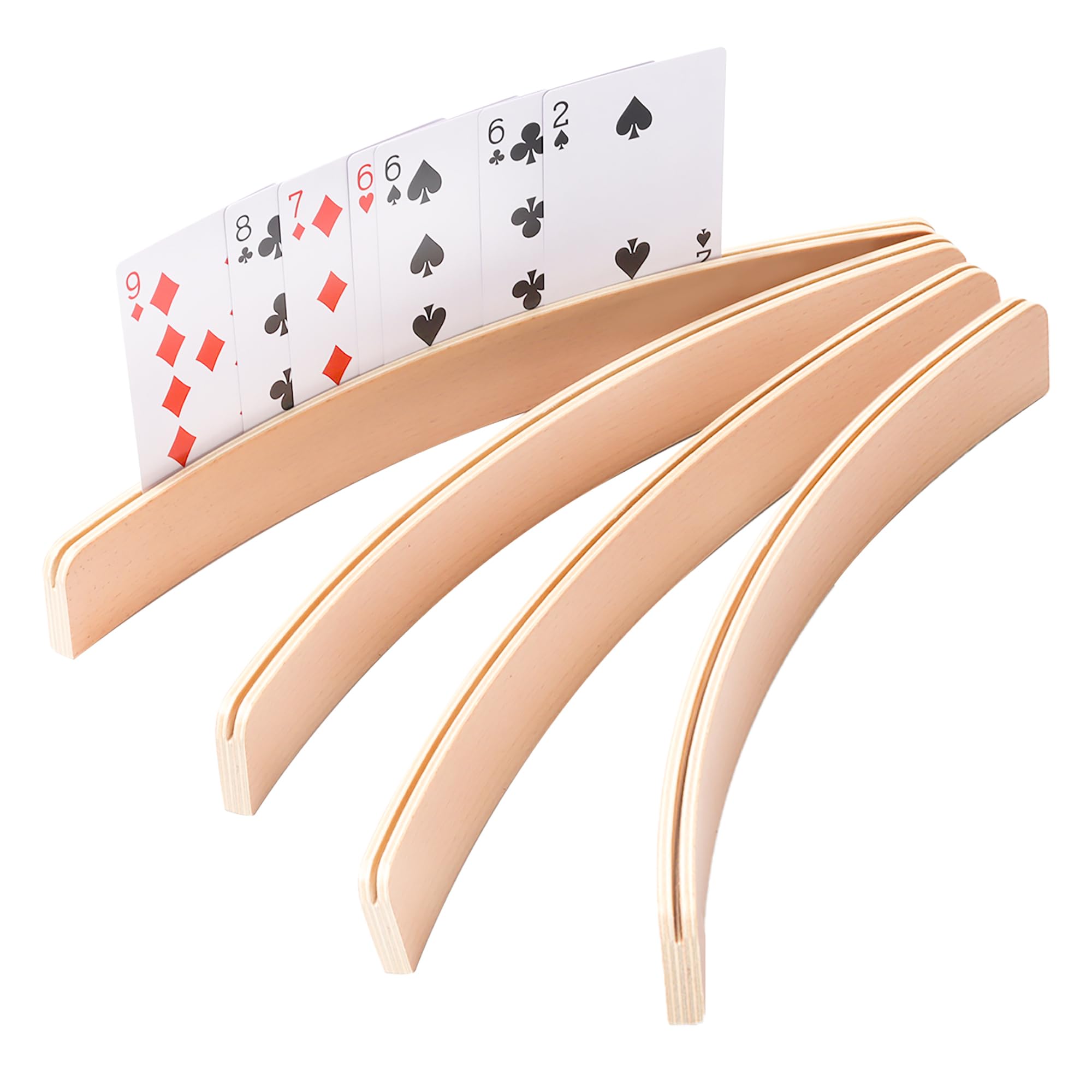 GSE Games & Sports Expert Set of 4 Playing Cards Holders, Wooden Playing Card Racks, Curved Playing Card Trays for Bridge, Hand & Foot, Rummy, UNO Card Games (12.5-Inch)