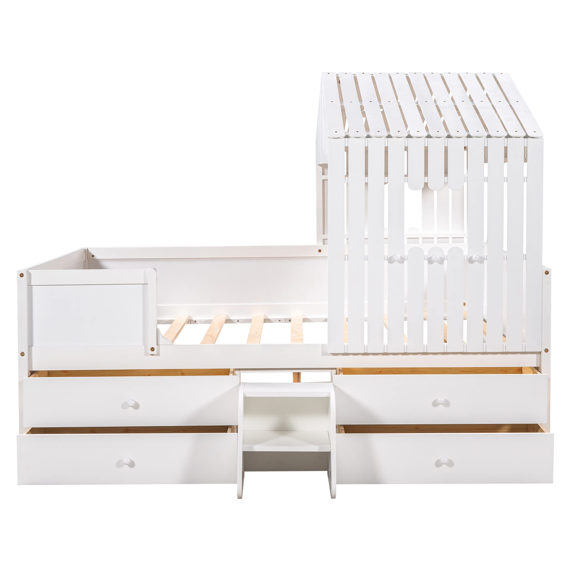 House Low Loft Bed with Trundle and Full-Length Guardrails,Wooden Bed Frame with with A Roof and Window for Bedroom (White with 4 Drawers, Full)