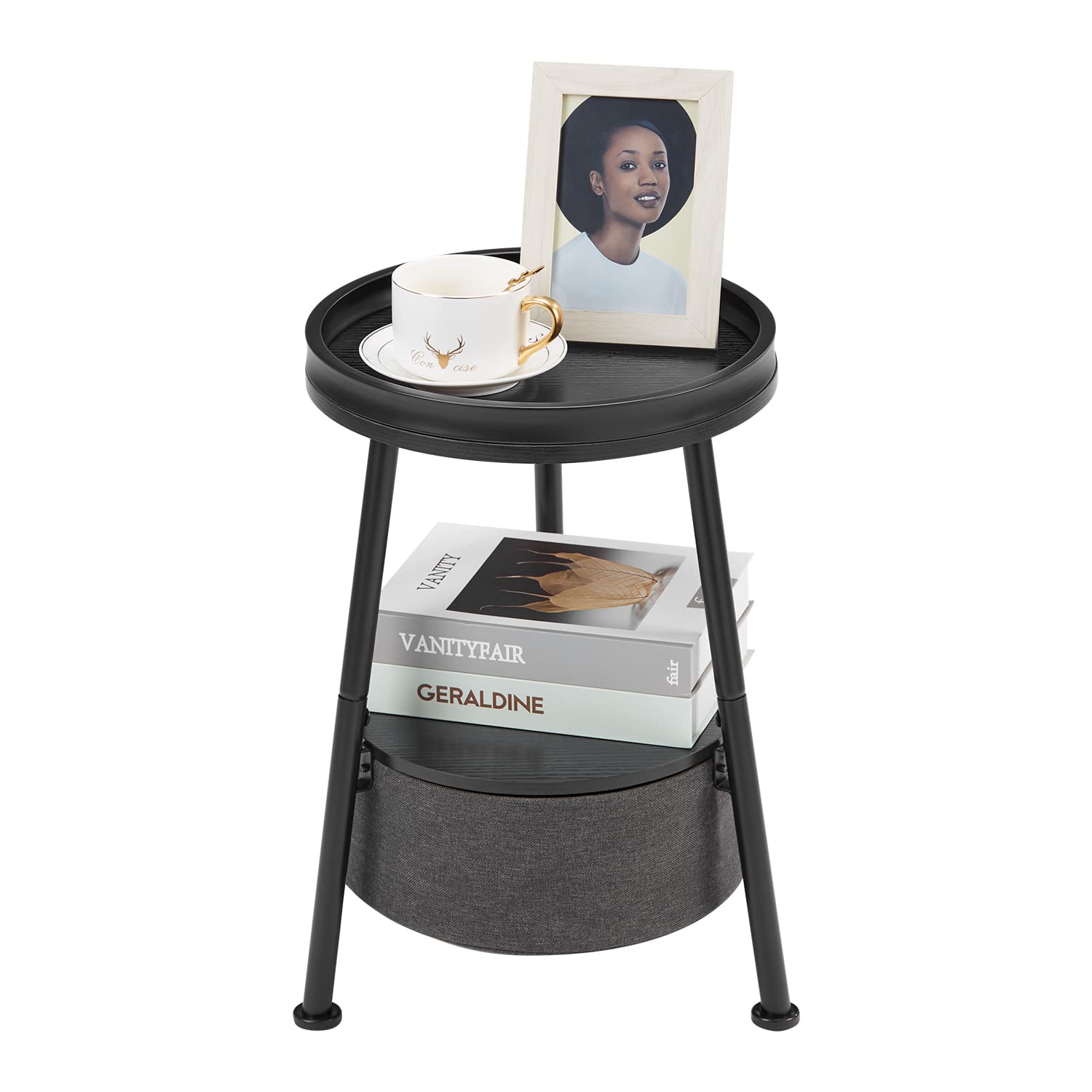 LEMONDA Small Round End Table, 2 Tier Round Side Table with Storage Basket,11.8”D*17.8”H Small Round Table,Sofa Side Table,Small Round Nightstand for Living Room Bedroom