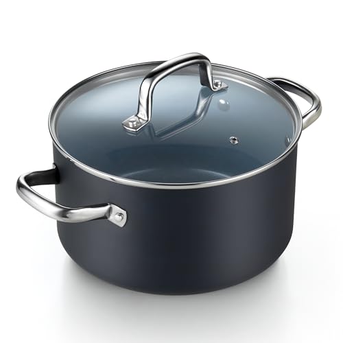 Cook N Home Pots and Pans Nonstick Ceramic Kitchen Cookware Sets Include Saucepan, Frying Pans, Stockpot with Lids, Nylon Utensils, 10-Piece, Heavy Gauge, Black & Gray