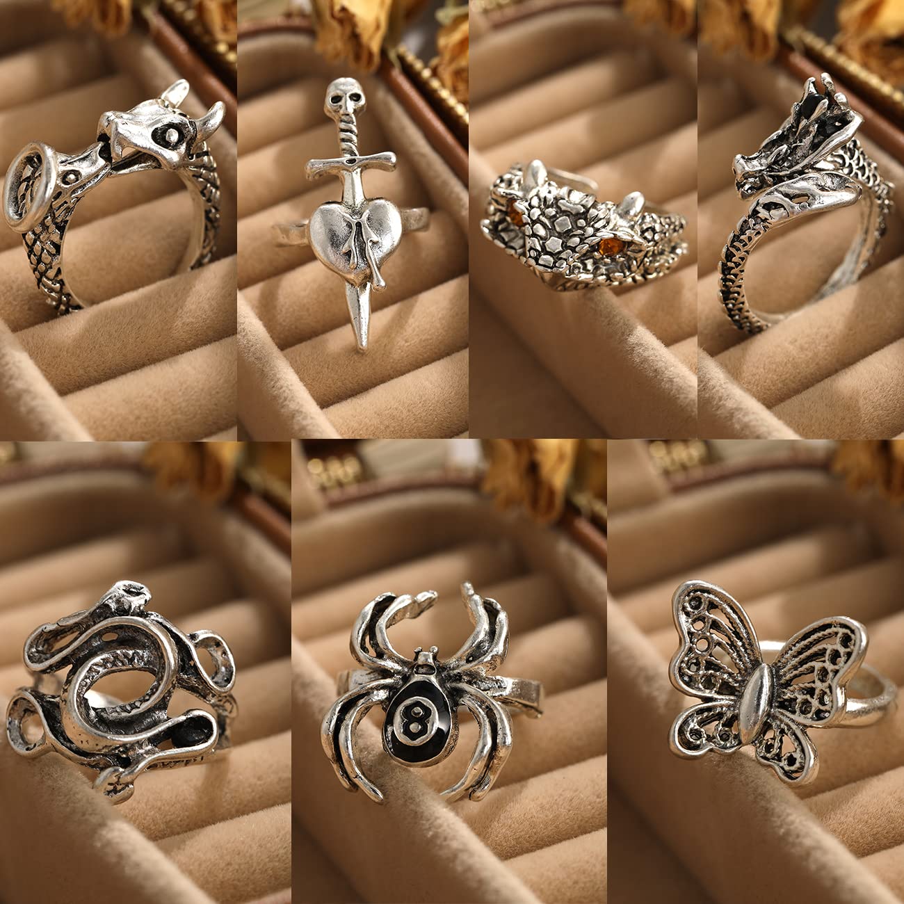 Black Rings for Men Women Girls, Goth Punk Rings Set, Cool Gothic Adjustable Ring Pack, Vintage Stackable Animal Rings Bulk, Vintage Chunky Knuckle Emo Rings, Boho Snake Spider Eboy Open Rings Y2K Accessories (Big silver punk rings-24 pcs)