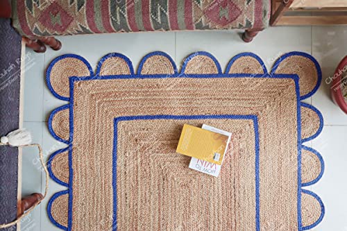 Chouhan Rugs Area Rug Natural Jute Hand Braided Rug Light Blue Scalloped Runner
