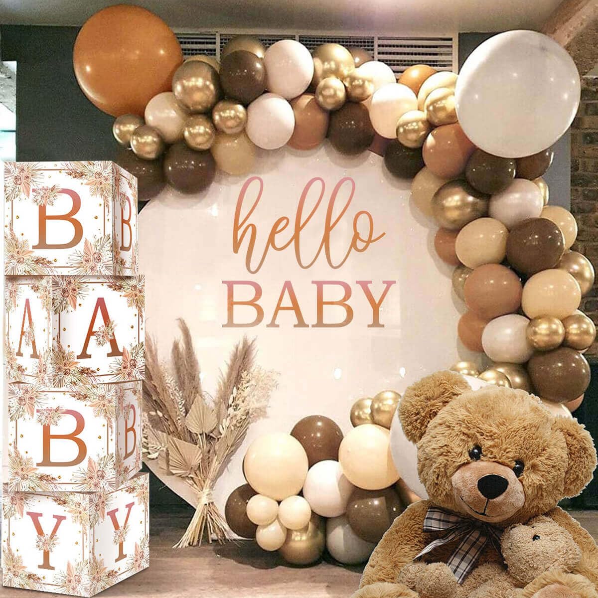 Boho Baby Shower Balloon Boxes Decorations - 4 Pcs Bohemian Pampas Grass Baby Shower Party Decorations for Hello Baby Events