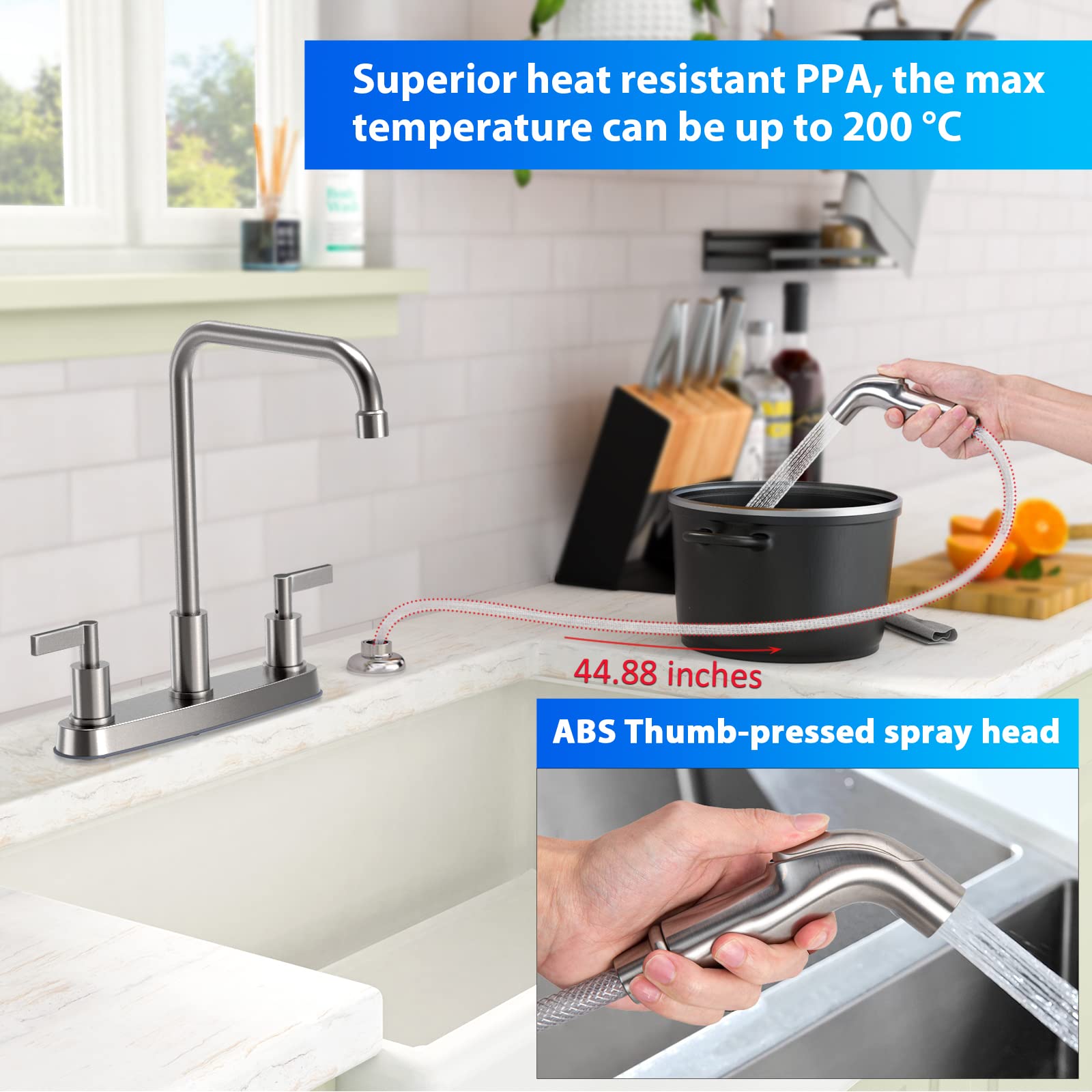 Kitchen Faucet with Sprayer,Brushed Nickel Kitchen Sink Faucet,3 Hole or 4 Hole Faucet for Kitchen Sink,Stainless Steel 2 Handle Kitchen Faucet with Side Sprayer,4 Hole Kitchen Faucets