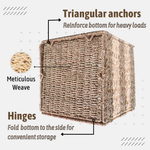 Foldable Hand-woven Wicker Cube Storage Bins, Collapsible Wicker Storage Cubes, Natural Palm Fiber & Seagrass Storage Baskets, Chi An Home Cubes Organizer with Handles, 4 Pack - 11.8" x 11.8" x 11.8"