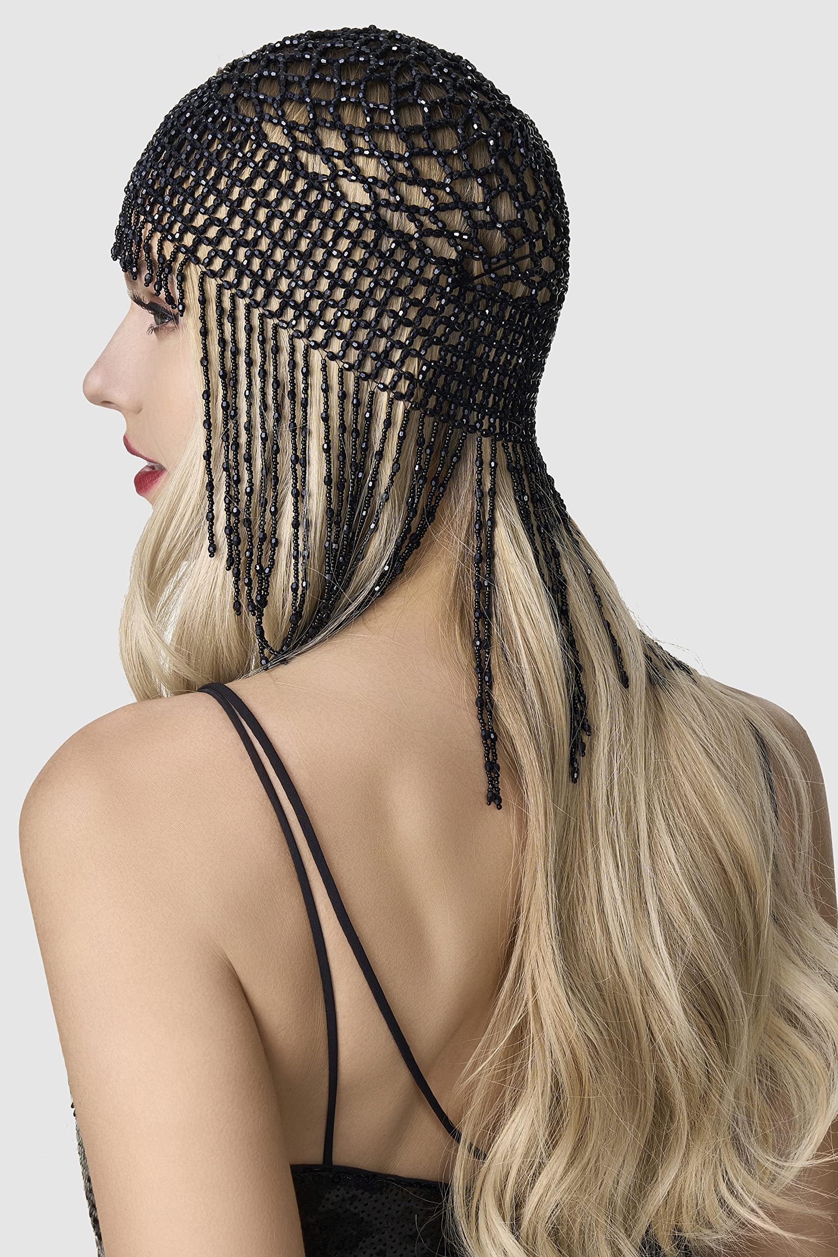 BABEYOND 1920s Beaded Cap Headpiece Roaring 20s Beaded Flapper Headpiece Belly Dance Cap Exotic Cleopatra Headpiece for Gatsby Themed Party (Black)