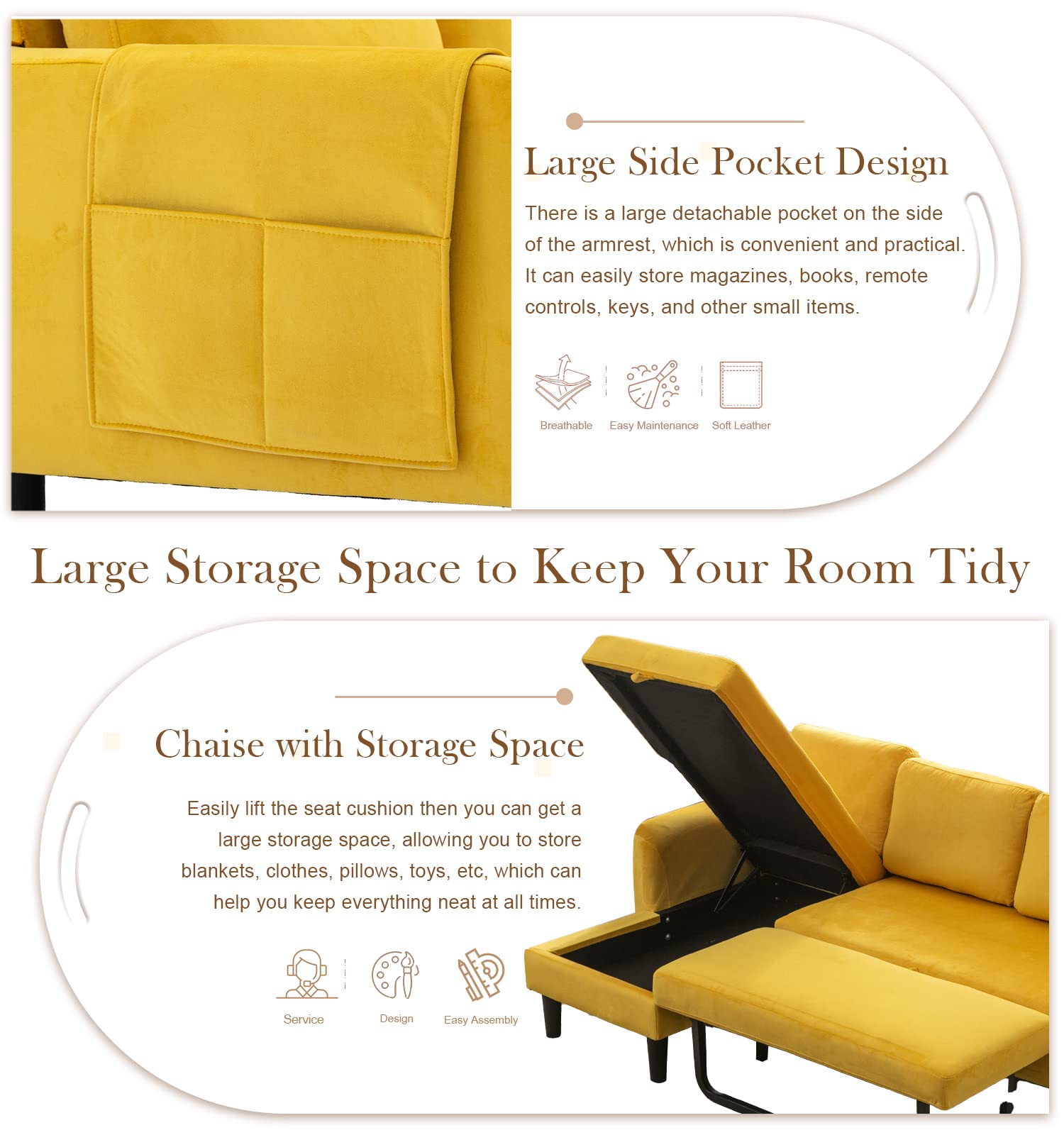 Modern Velvet Pull Out Sleeper Sofa Bed with Chaise, Comfy L Shaped Convertible Sleeper Couch with Storage and Pocket, Sectional 3 Seat Couch for Living Room Furniture or Office, Smooth Back - Yellow