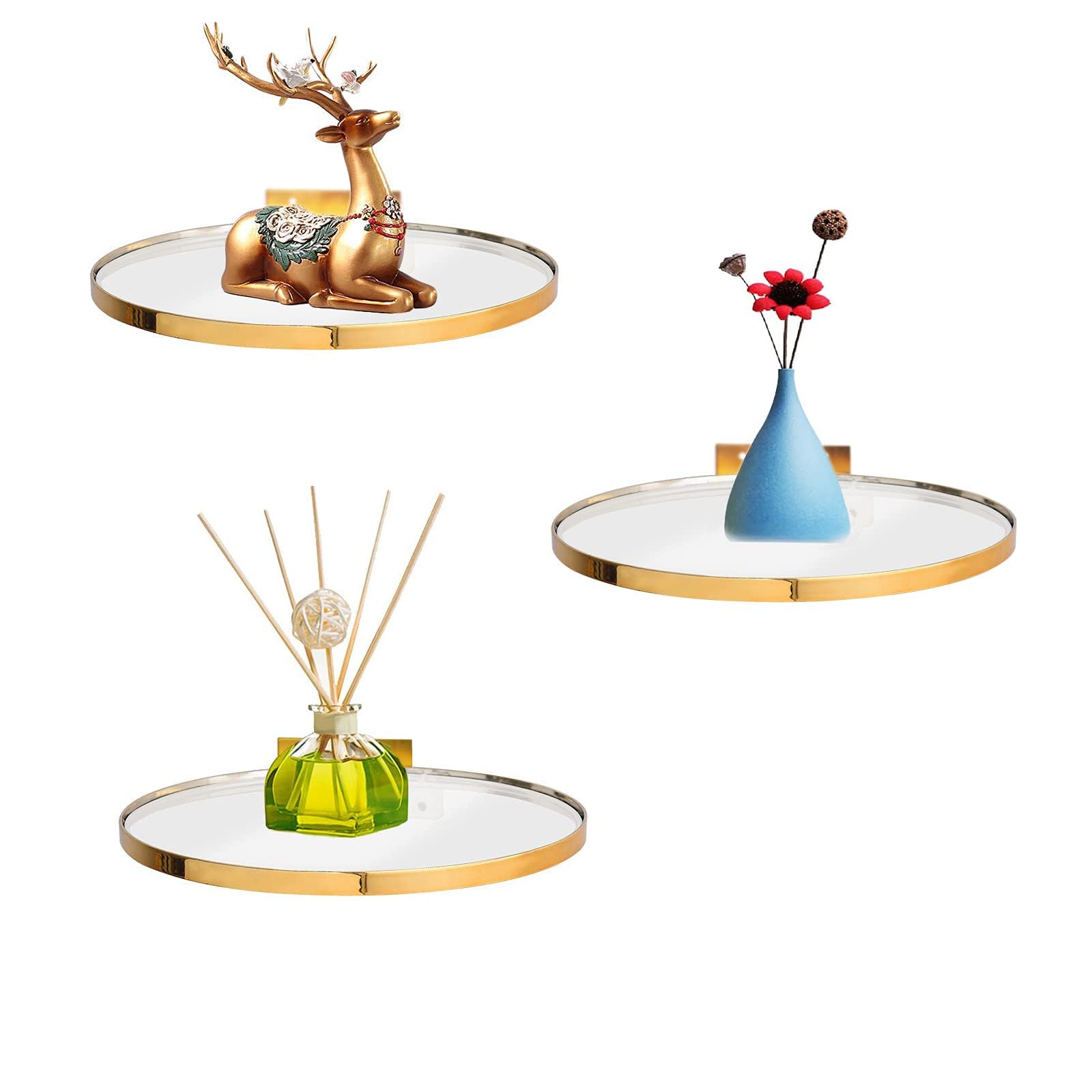 Cityelf Floating Shelves Wall Mounted Gold Wall Decor Iron Glass Hanging Shelf Home Decor Set of 3 Display Ledge Shelves for Living Room Bedroom Office-Gold-S