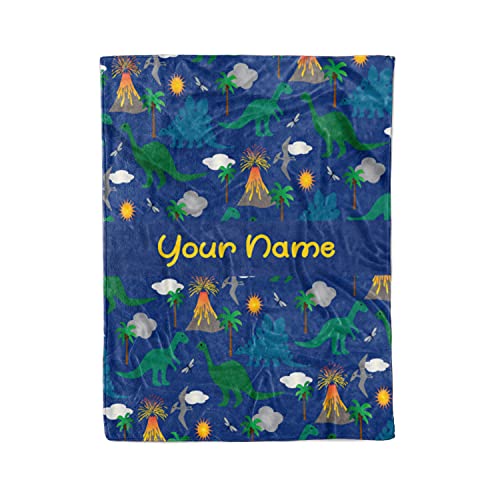 Personalized Corner Custom Dark Blue Dinosaur Fleece Throw Blanket for Kids - Boys Girls Baby Toddler Infants Blankets for Bed (30x40 Inches)