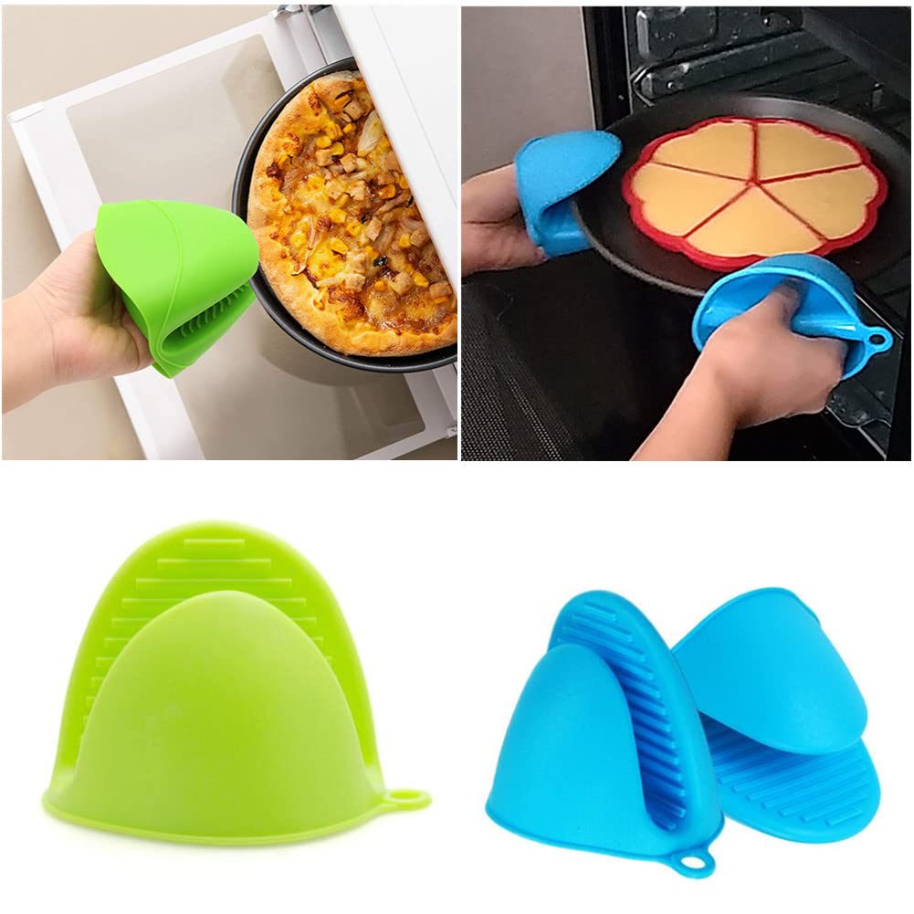 Beetoo 4PCS Silicone Oven Mitts Heat Resistant, Silicone Mini Oven Gloves Potholders for Kitchen Cooking Baking BBQ, Pinch Oven Mitts Pot Holder Rubber Oven Glove (Blue, Green)