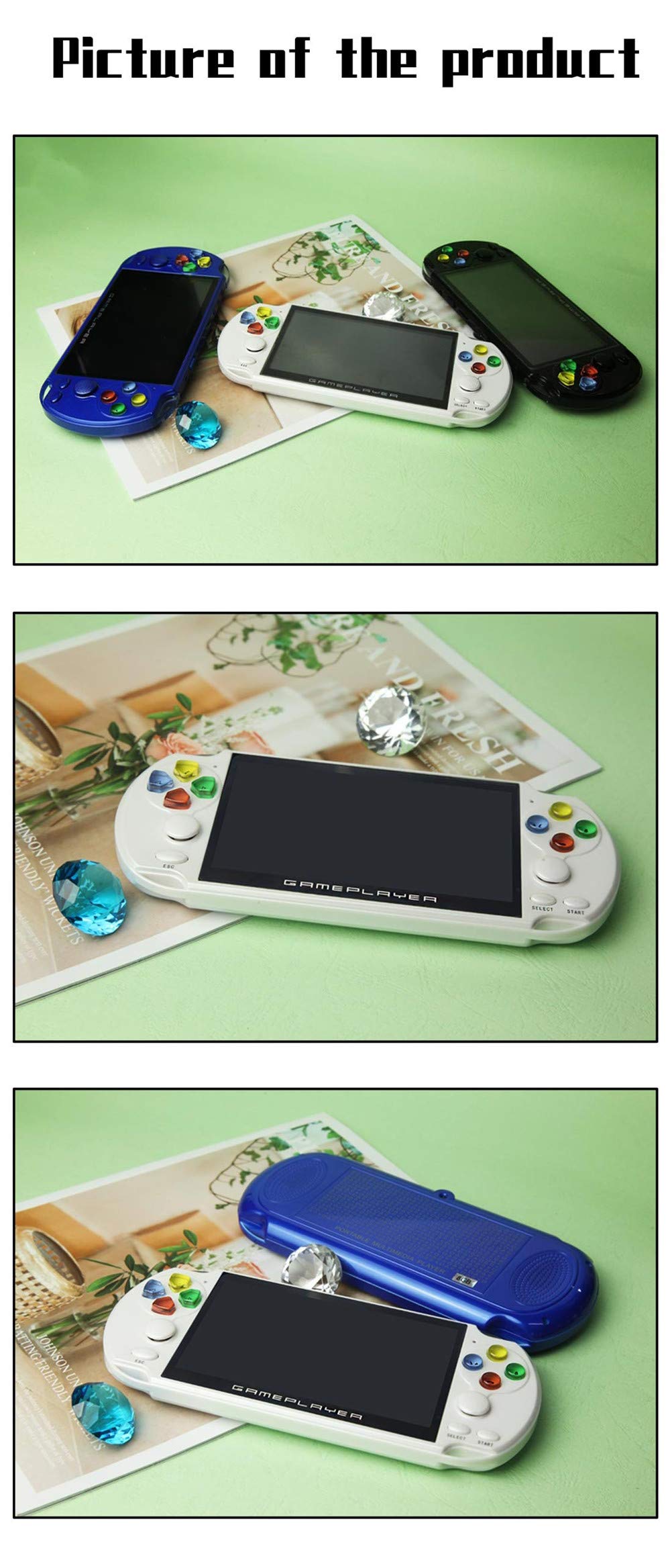 CZT 5.1-inch multi-function video game console color crystal buttons built-in 9600 games MP3MP4 lithium battery game archive AV OUT DV/DC hand-held gaming device (White)