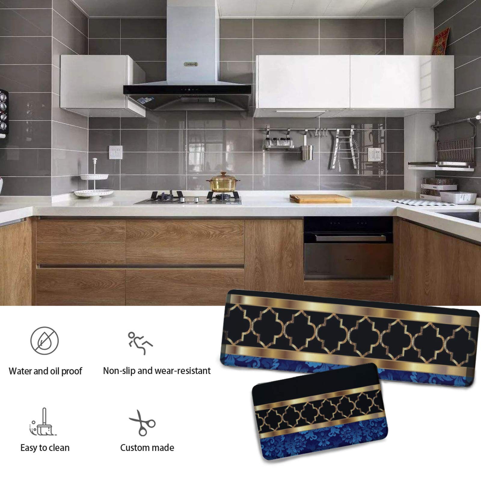 Becmd 2 Pieces Kitchen Rugs and Mat,Elegant Blue Black & Gold Quatrefoil Pattern Non-Slip Kitchen Floor Mat Soft Bath Rug Doormat Carpet Set Blue,gold onesize