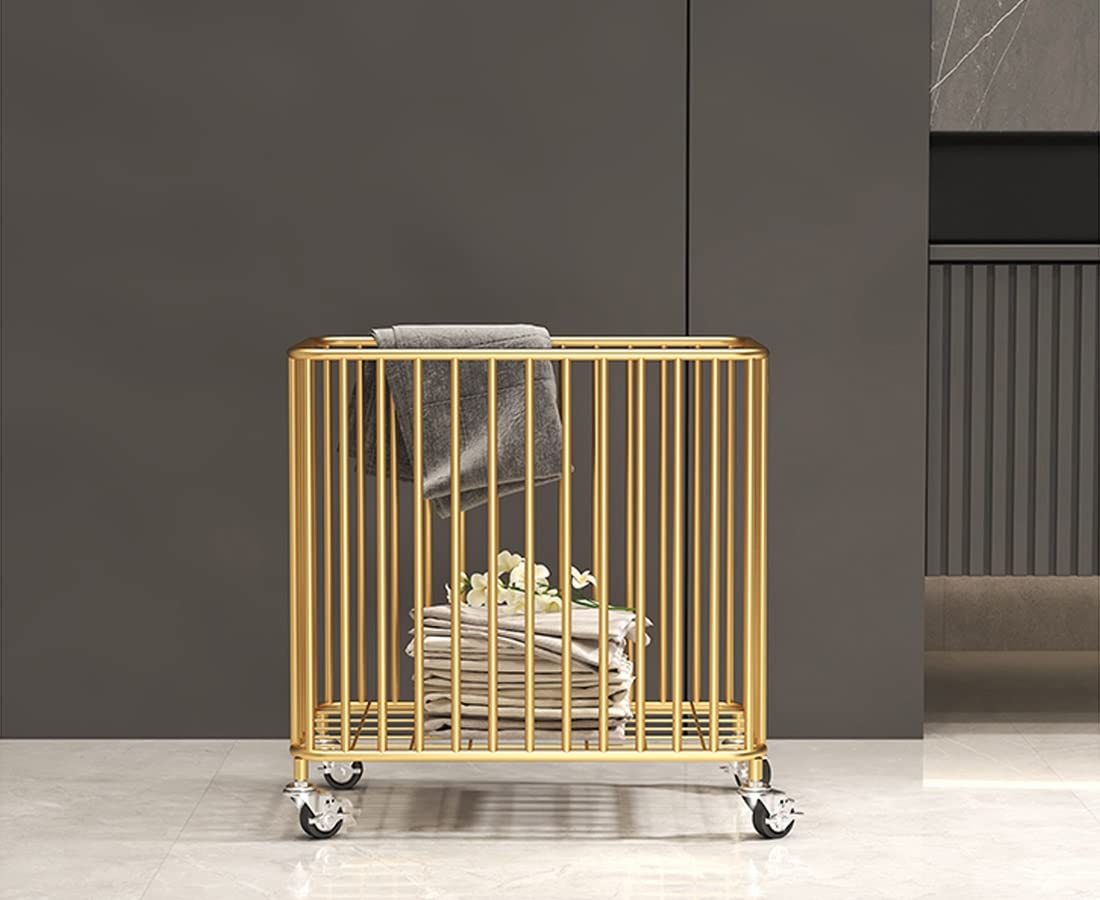 Rolling Laundry Hamper with Wheels,Large-size Metal Laundry Basket Cart,Clothes or Linen Storage Organize Hamper Bin for Living Room,Bathroom,Closet or Children Bedroom,Gold