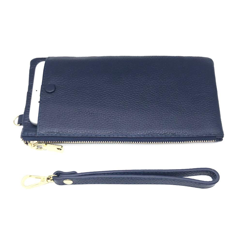 IXYVIA RFID Blocking Women's Leather Wristlet Clutch Wallet, Smartphone Wristlet Purse Signature Wallet (Dark Blue)
