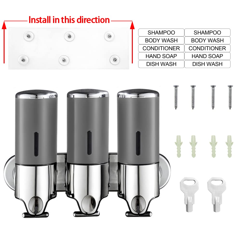 No-Drill 3 Pack 500ml Wall Mounted Soap Dispenser for Bathroom and Kitchen, Shampoo and Conditioner Dispenser Drill Free with Adhesive(Round-Grey)