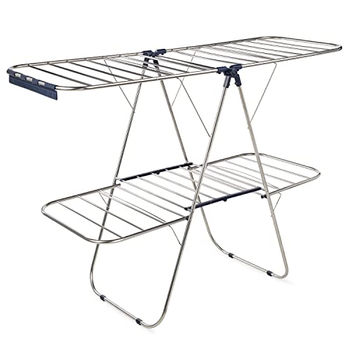 Foldable Premium Clothes Drying Rack, Large 2- Layer Stainless Steel Drying Rack for Sheets, Towels & Clothing Including 33 Hanging Rails, Height Adjustable and 32 Clips for Socks & Underwear - Blue